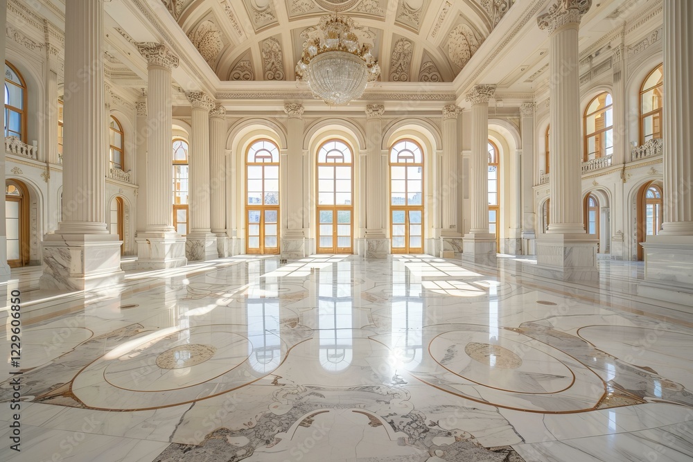 Sunlight illuminating an elegant palace ballroom with marble floor ...