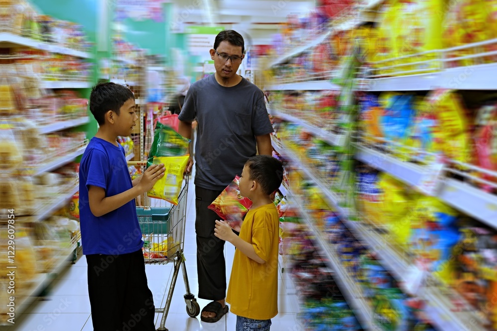 A father shops with his two sons in a supermarket aisle, selecting ...
