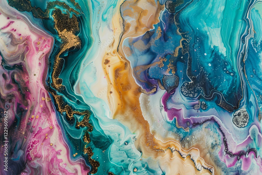Fluid art acrylic painting mixing blue, purple, gold, and white inks ...