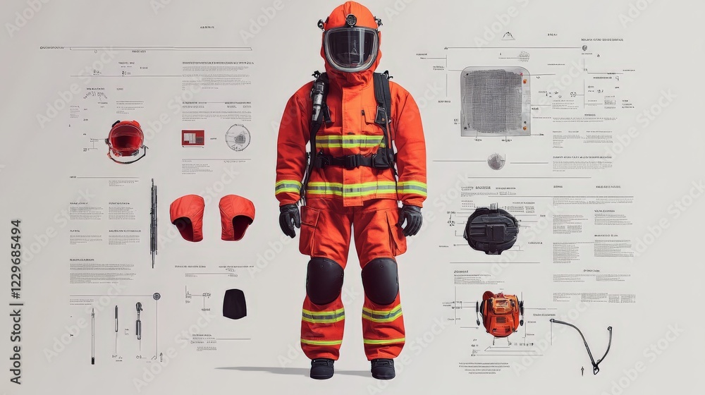High-detail schematic of industrial firefighter PPE (Personal ...