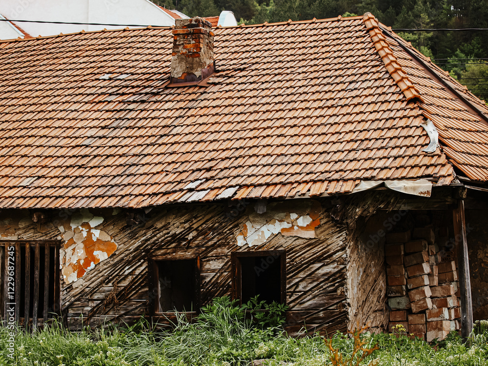 Foto de Stock Collapsing Wooden House With A Broken Roof And Crumbling ...