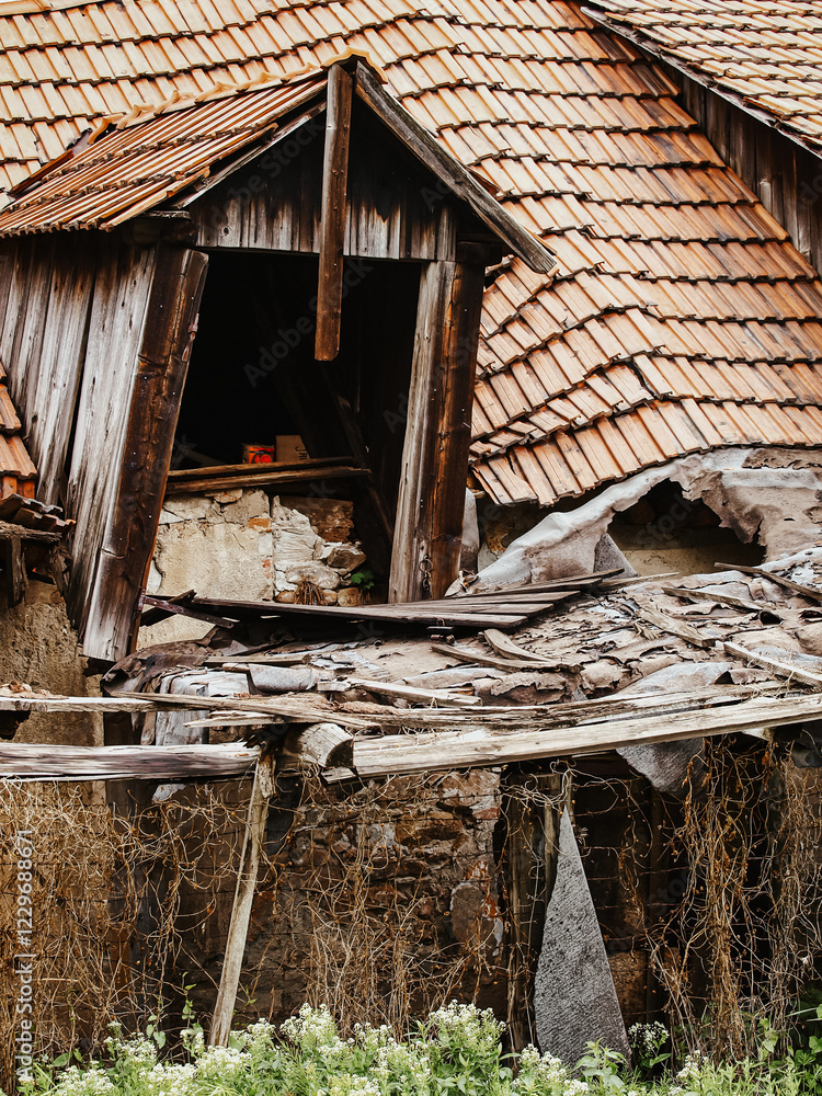 Collapsing Wooden House With A Broken Roof And Crumbling Walls: An Abandoned Rural Structure ...