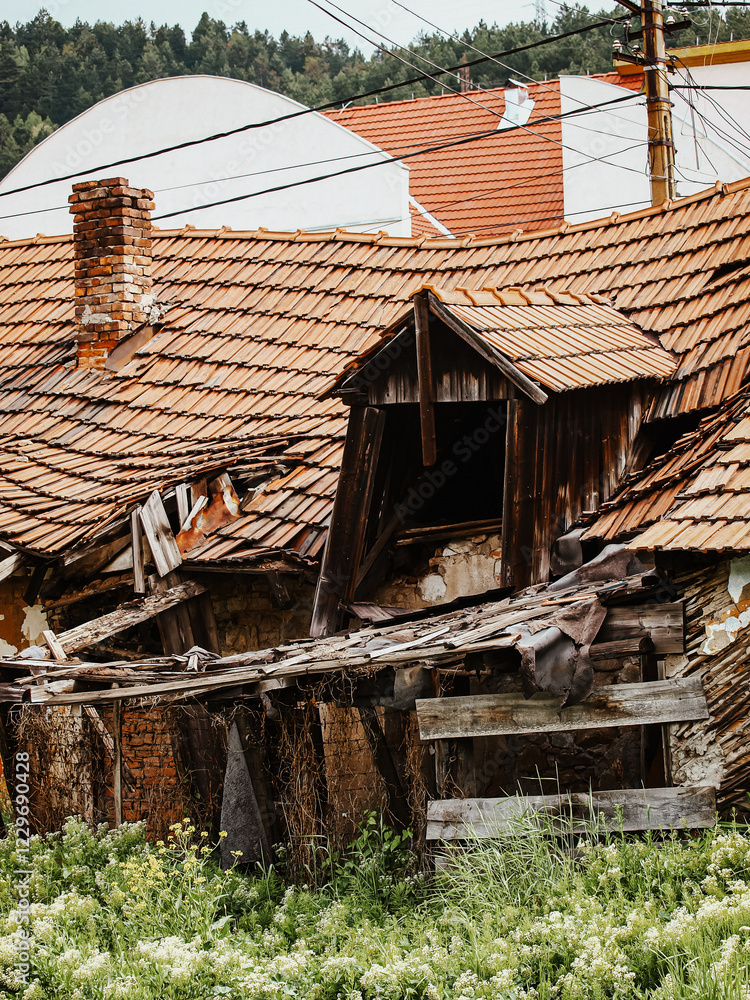 Collapsing Wooden House With A Broken Roof And Crumbling Walls: An Abandoned Rural Structure ...