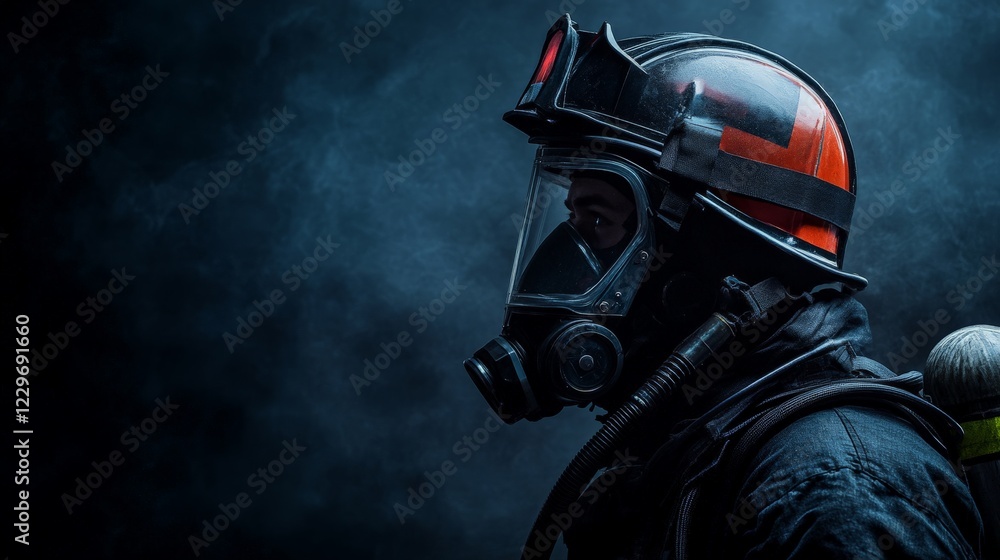 Industrial firefighter wearing a self-contained breathing apparatus ...
