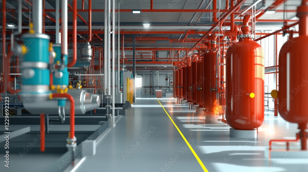 Industrial gas fire suppression system being activated, labeled diagram ...