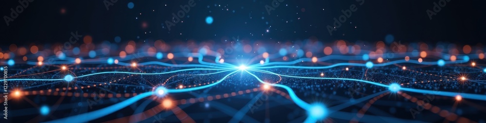 Realistic visualization of data moving through a neural network with light beams connecting ...