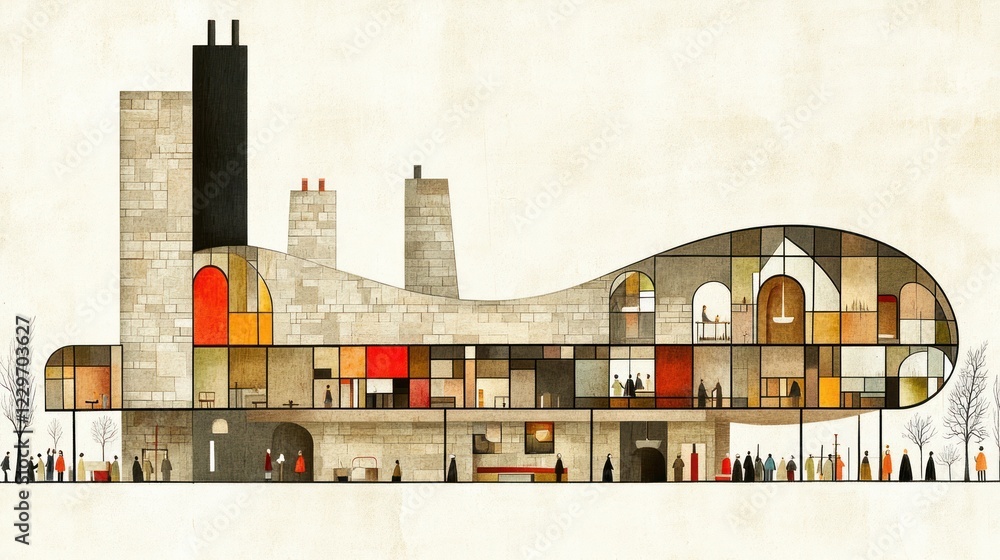 Architectural cutaway illustration of a modern building with various ...