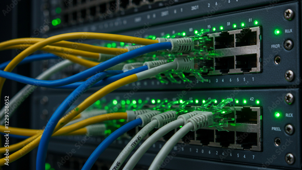 A detailed perspective of a contemporary internet network switch featuring connected Ethernet ...