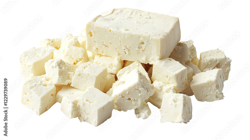 Feta cheese bundle, cut in cubes, isolated on a white background ...