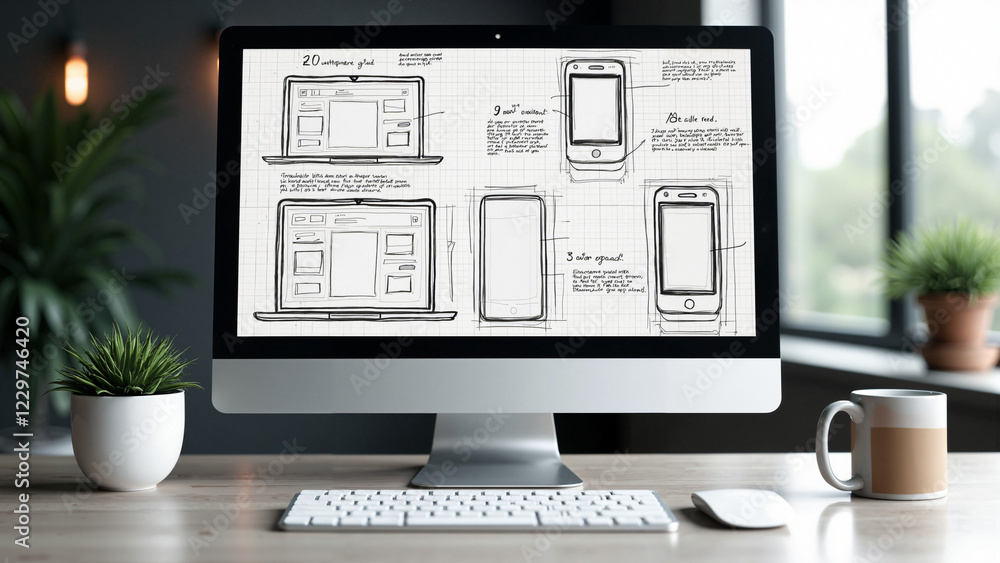 Detailed Responsive Web Design Wireframe Sketch on Modern Computer ...