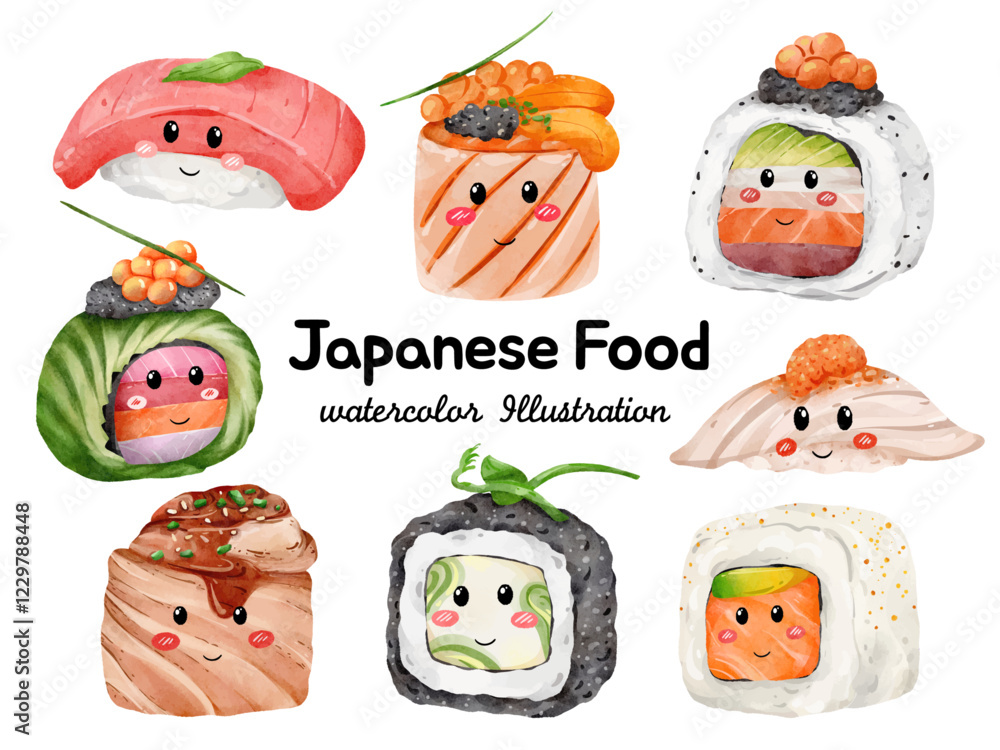 Watercolor Japanese Food Clipart - Cute Kawaii Sushi Set with Maki ...