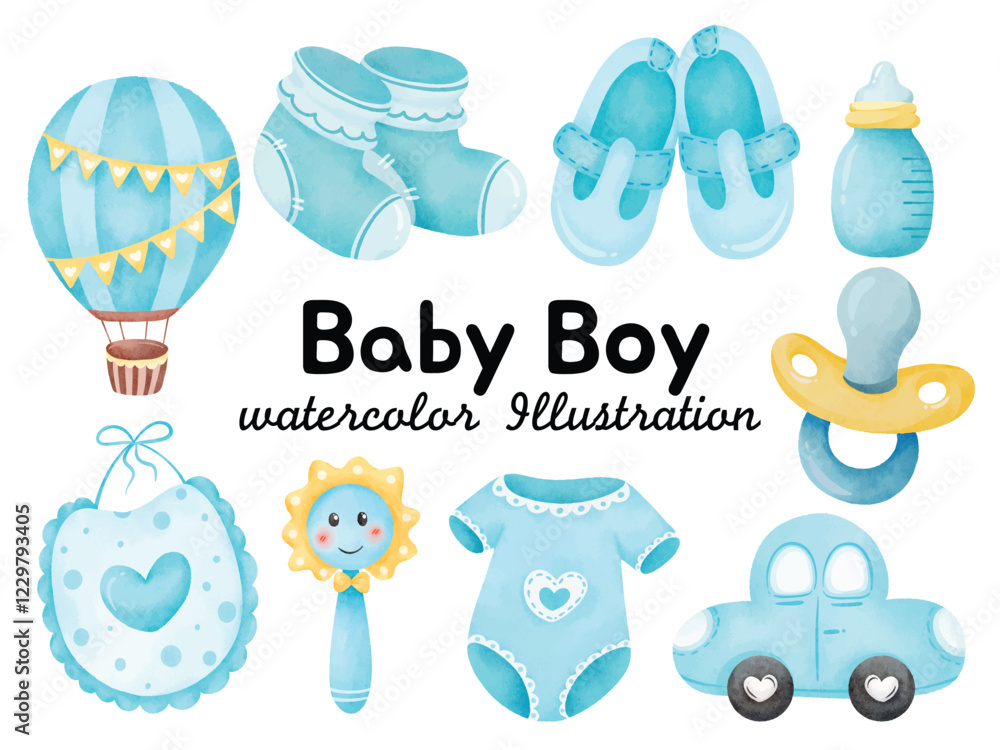 Watercolor Baby Boy Illustration - Hand-Painted Blue Themed Baby Shower ...