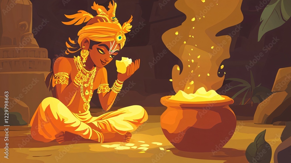 Divine Lord Krishna enjoying butter from a clay pot - Religious Hindu ...