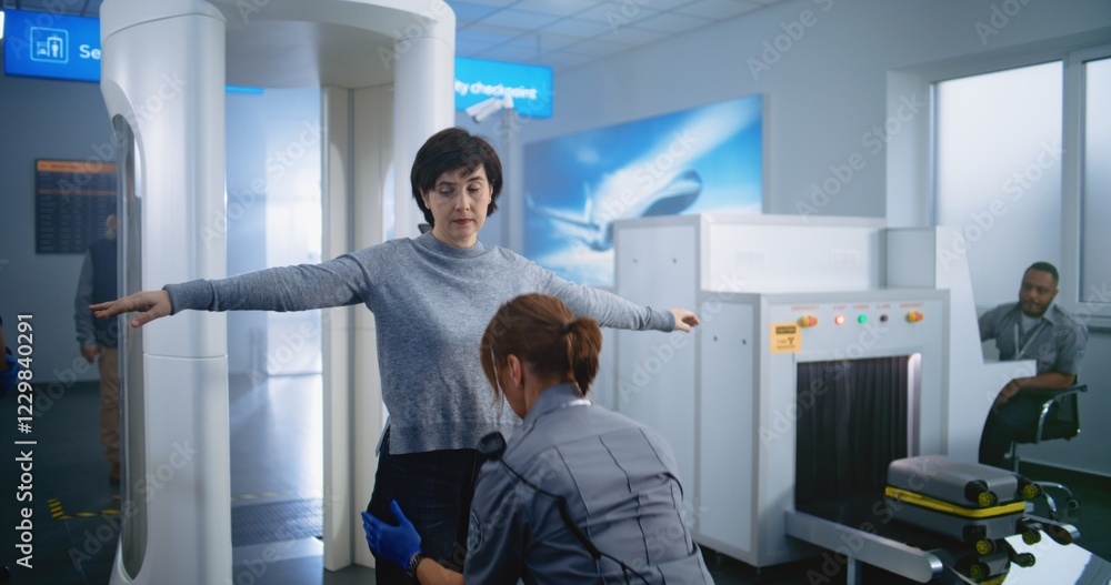 Airport Terminal Security Check: Adult Woman Passes Through Metal ...