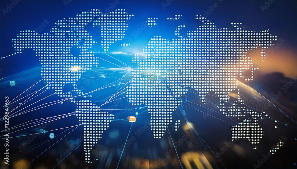 Stunning abstract world map illustration. Digital dots form continents, connected by glowing ...