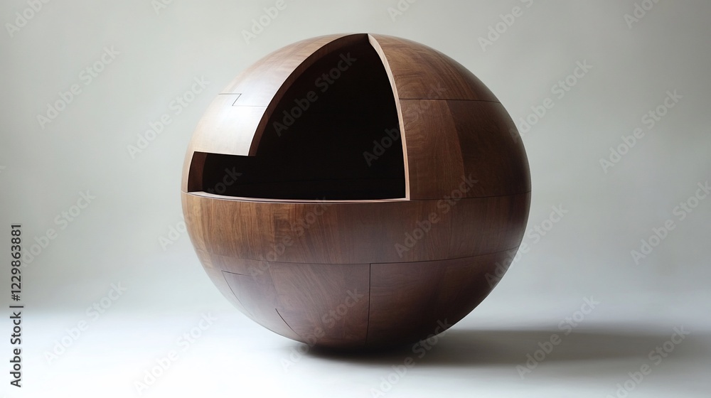 Wooden sphere with a cutaway section revealing interior space against a ...