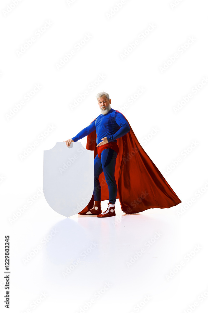 Full-length portrait of confident man in superhero costume with red ...