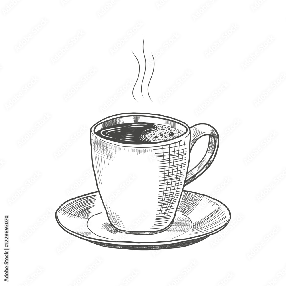 Hand-drawn sketch of steaming cup of coffee on saucer. Design element ...