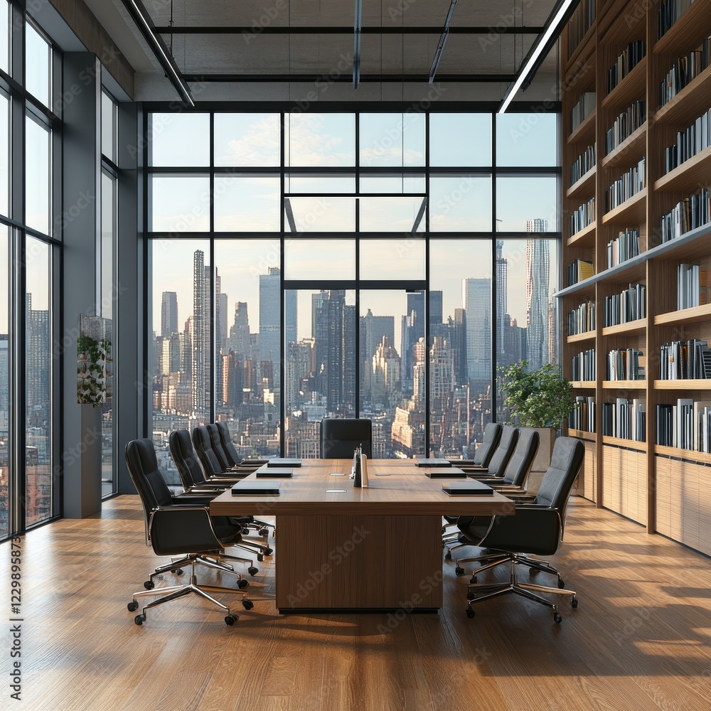 Ilustración de Stock Contemporary conference room with a sleek board table, ergonomic chairs ...