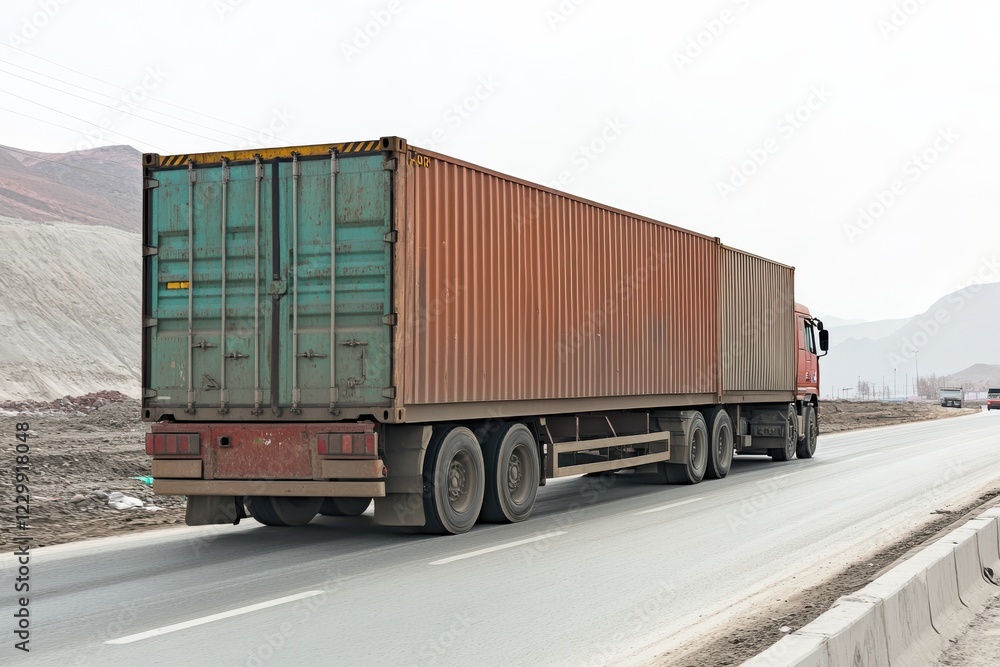 Heavy cargo truck travels along a highway with two shipping containers ...