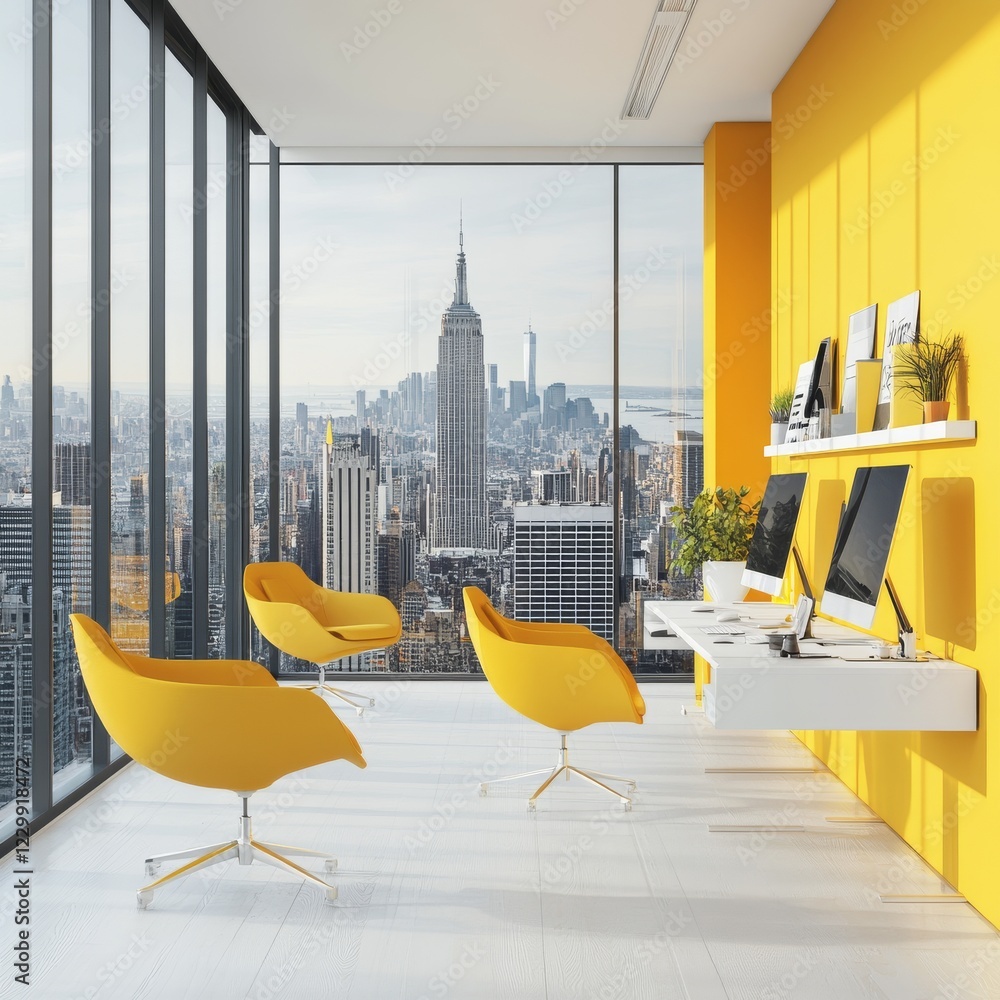Yellow and white coworking interior with pc computers on table ...
