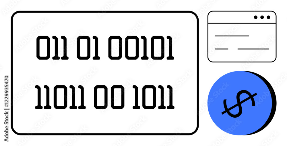 Binary numbers, web browser window, and dollar sign inside a blue ...