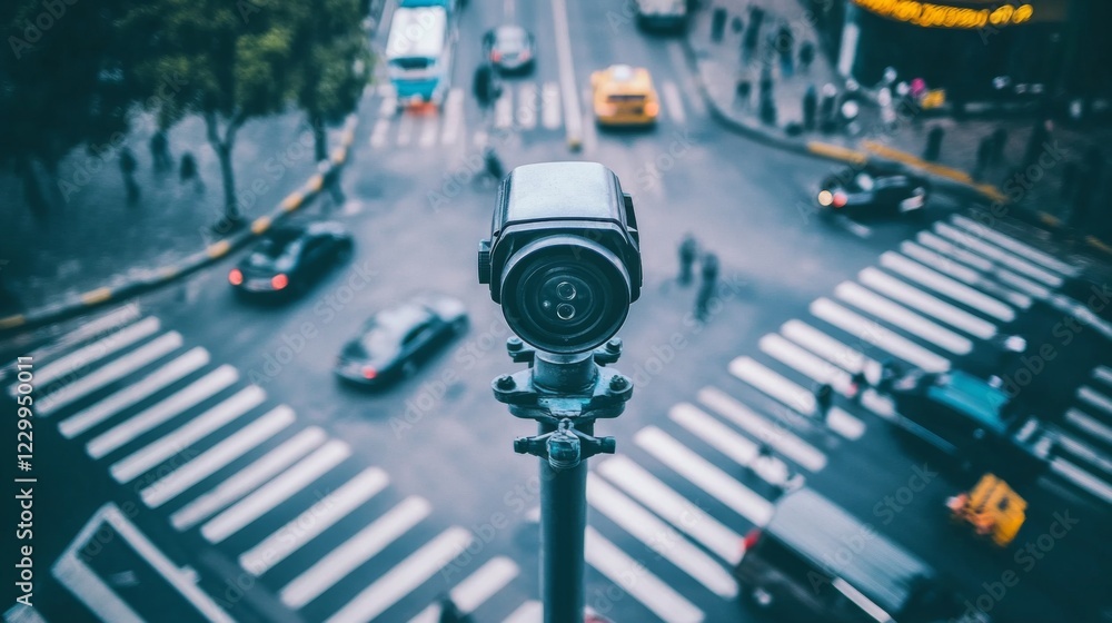 A dramatic perspective of a CCTV camera installed on a tall pole, with ...