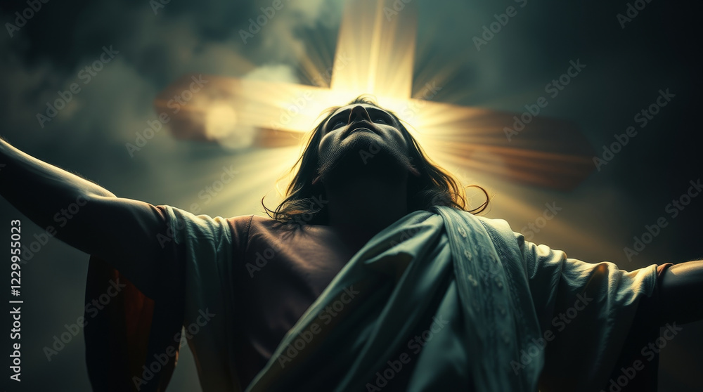 Jesus christ with open arms looking at the cross and glowing light ...