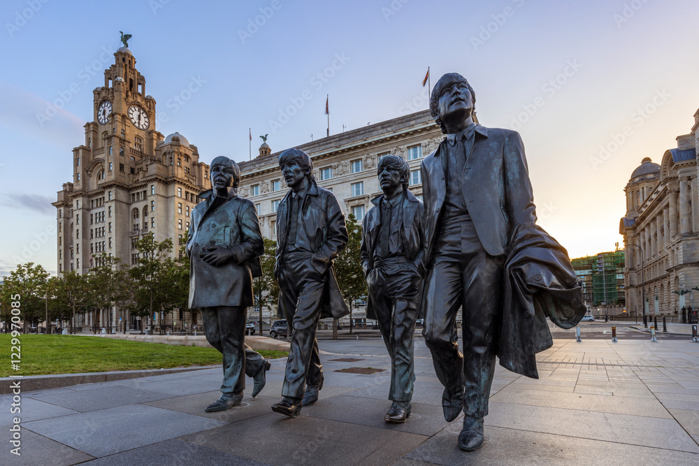 Bronze statue of the Beatles at Pier Head by the River Mersey, sculpted ...