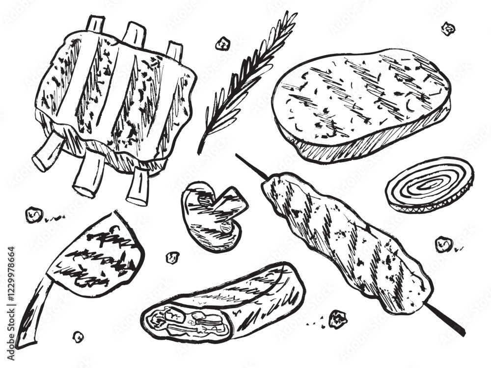 Barbeque grilled meat drawing isolated on white background. Hand drawn ...