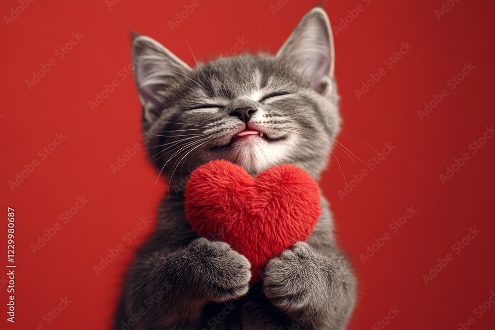 Commercial idea. Cute egyptian mau baby feline with fluffy red heart ...