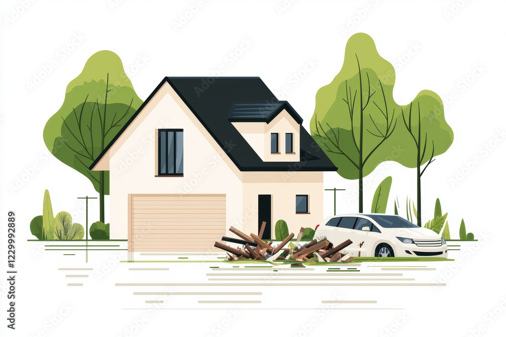 Floodwaters surround residential house with debris and car. scene ...