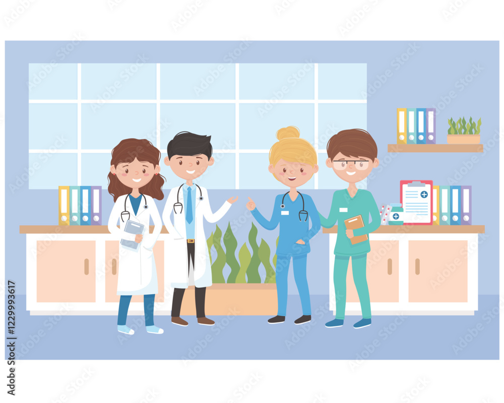 female and male physicians nurse staff, doctors and elderly people ...