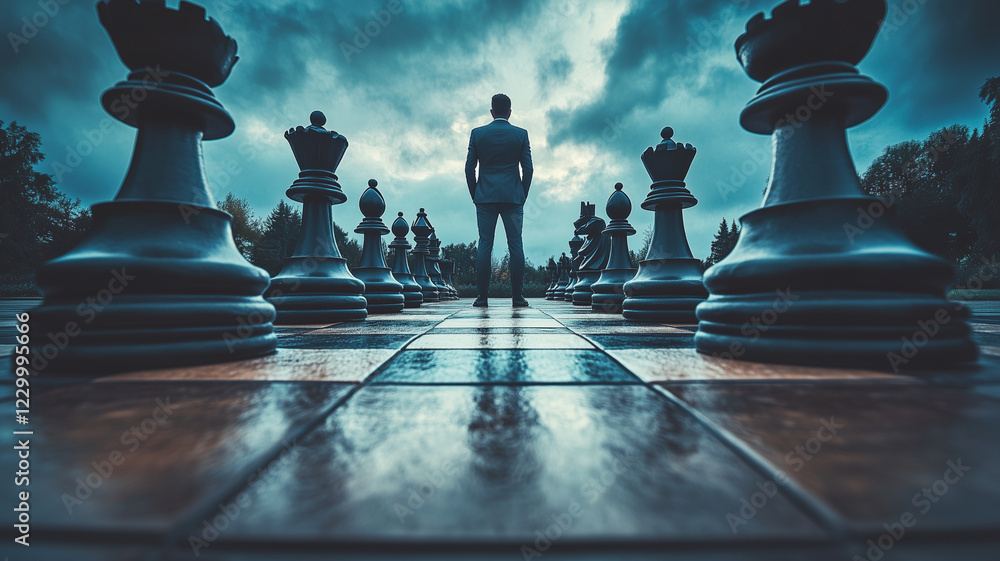 man stands confidently among giant chess pieces on dramatic, cloudy day ...