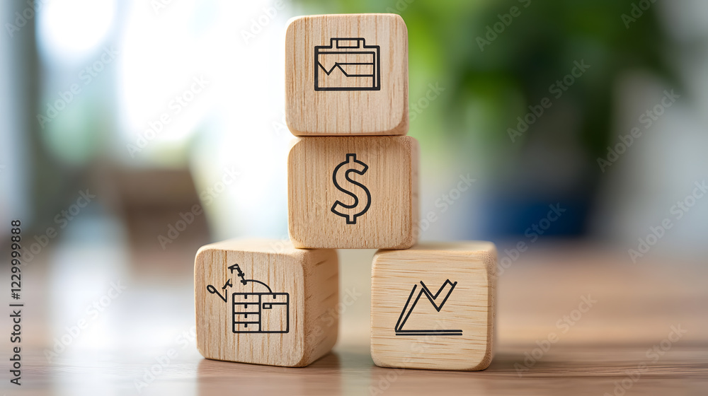 Wooden cubes with taxation icons symbolize financial concepts ...