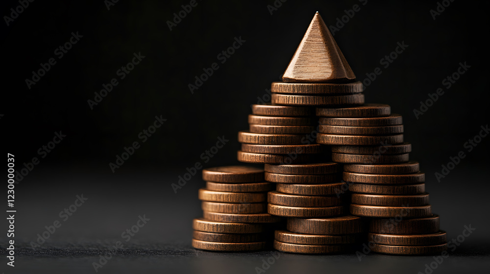 pyramid of stacked wooden coins with wooden cone on top symbolizes ...