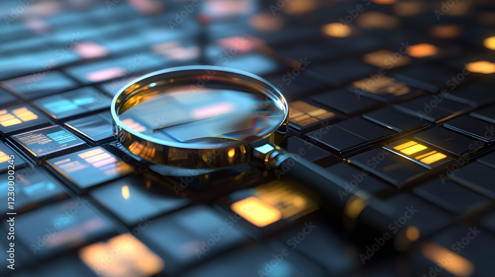 magnifying glass rests on digital grid of illuminated tiles ...