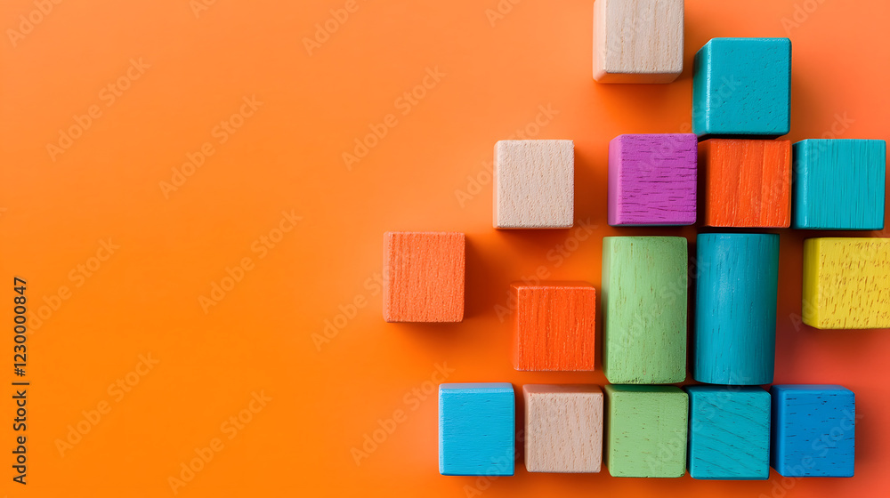 Colorful wooden blocks arranged on orange background, showcasing ...