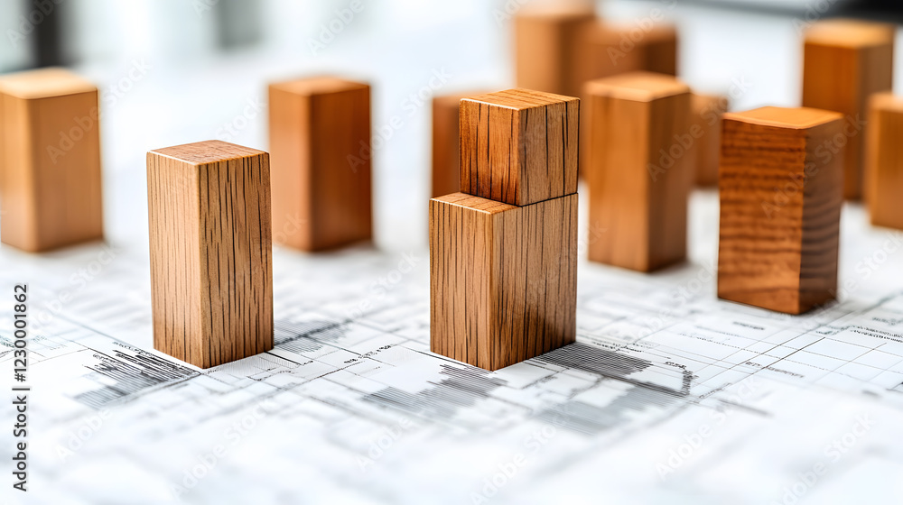 Wooden blocks are strategically placed on architectural blueprints ...