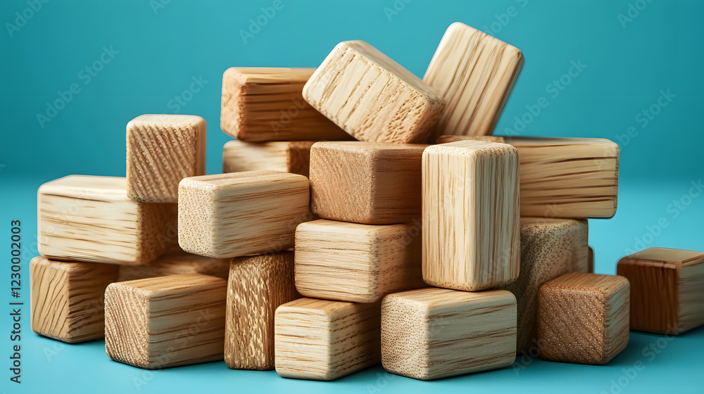 pile of wooden blocks is stacked against teal background, showcasing ...