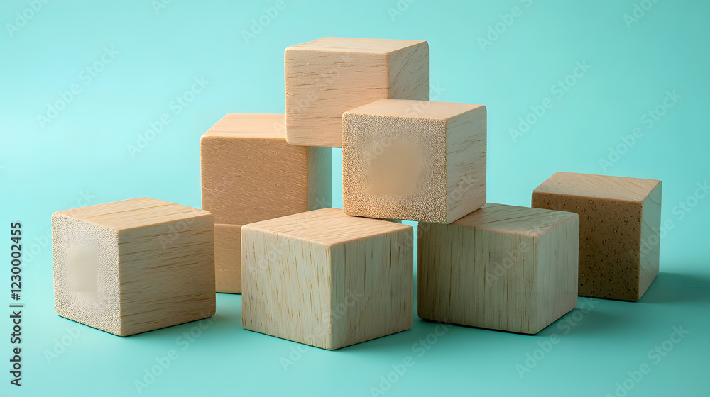Wooden blocks arranged on turquoise background, showcasing simplicity ...