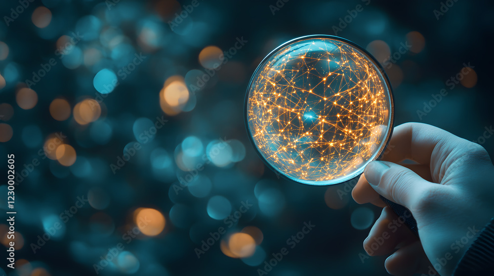 hand holding magnifying glass reveals glowing network of connections ...