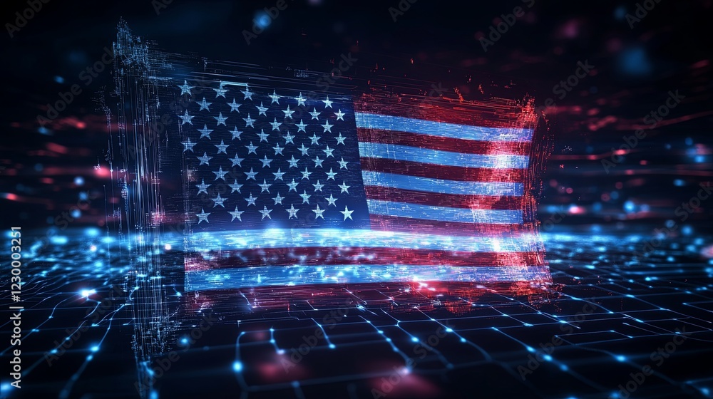 A futuristic American flag made entirely of holographic projections and ...