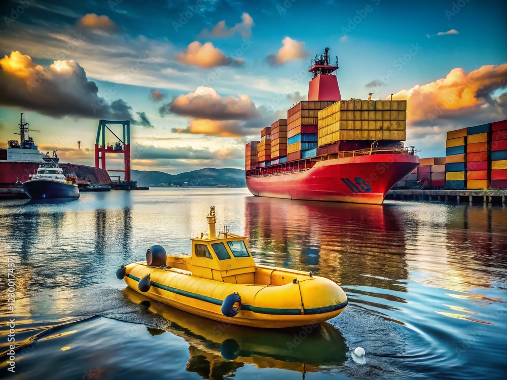 Candid Shot: Submarine, Raft, Bus & Cargo Ship in Harbor - Delivery ...