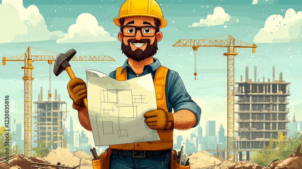 cartoon construction worker wearing yellow hard hat holds blueprint in ...
