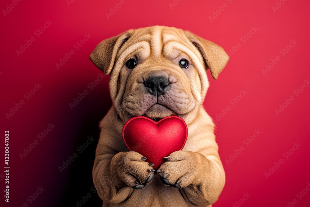 Cute chinese shar-pei dog with diamond red heart - emblem of love ...