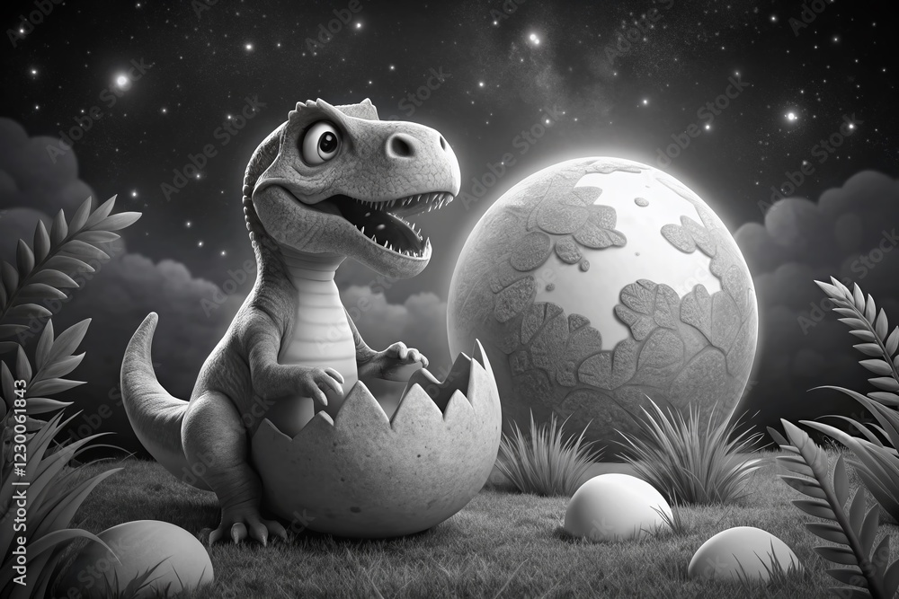 Cute Baby T-Rex Hatching from Egg: Black & White Coloring Page Stock ...