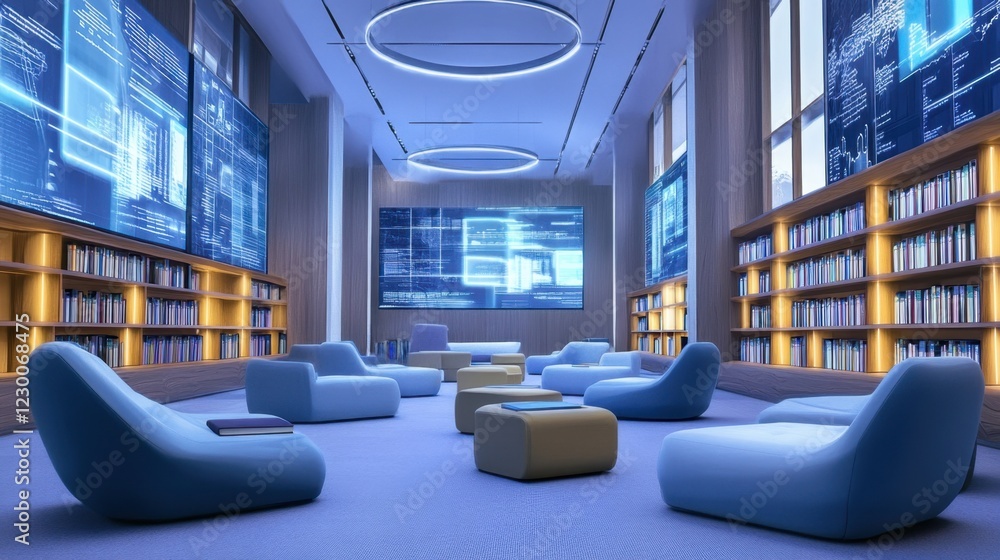 A quiet study area in a library with modular, futuristic furniture ...