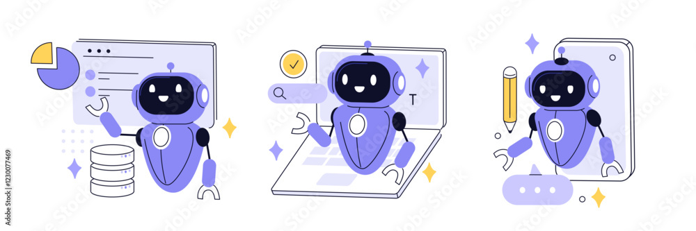 Artificial intelligence technology in business set. AI robot assistant ...