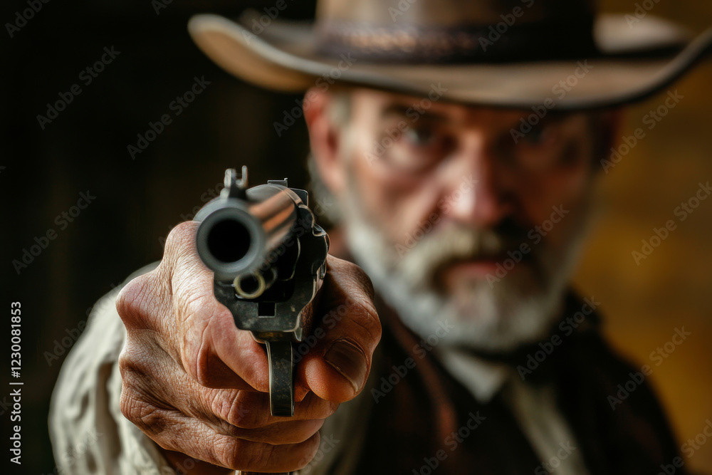 Mature cowboy holding gun with blurred desert background. Man in cowboy ...